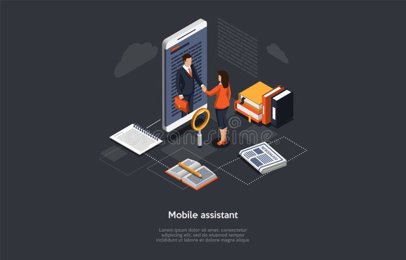 Vector Illustration on Mobile Assistant Concept. Isometric Composition ...