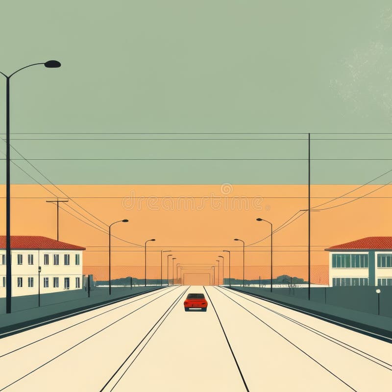 Vector Illustration of a Modern City Street at Sunset with a Red Car ...