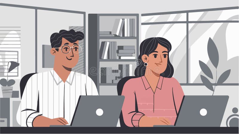 Vector Illustration of a Modern Office Setting with Employees Working ...