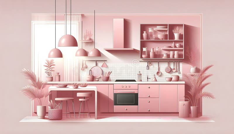 Vector Illustration of a Modern Pink-themed Kitchen with Smooth Flat ...