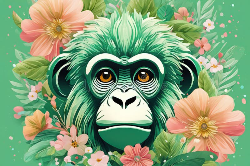 Vector Illustration, Monkey, Flowers and Leaves Stock Photo - Image of ...