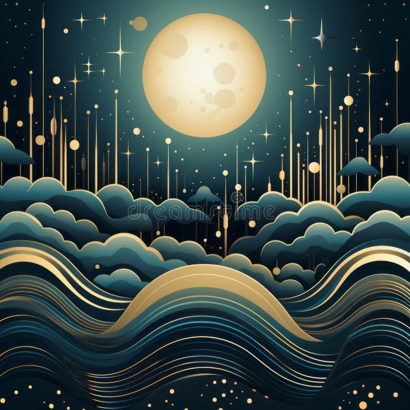 Vector Illustration of the Moon and Stars Over the Ocean with Waves and ...