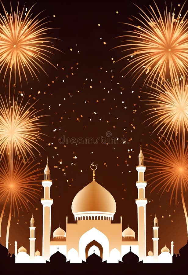 A Vector Illustration of a Mosque with Fireworks Bursting To the Sky ...