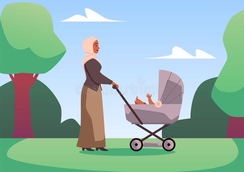 Vector Illustration of a Mother in a Hijab Gently Pushing a Stroller in ...