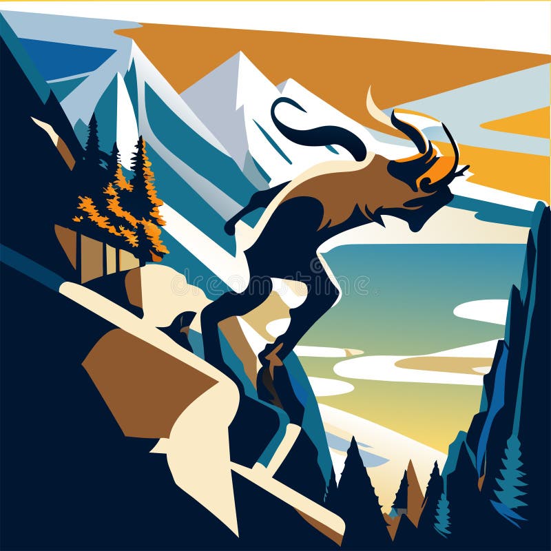Vector Illustration of a Mountain Goat on the Background of the ...