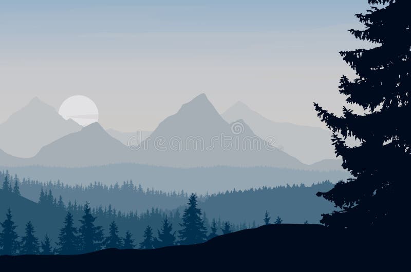 Vector Illustration of a Mountain Landscape with Forest Under Th Stock ...