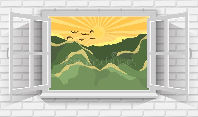 Vector Illustration of Mountain Landscape with Sunrise in Morning ...