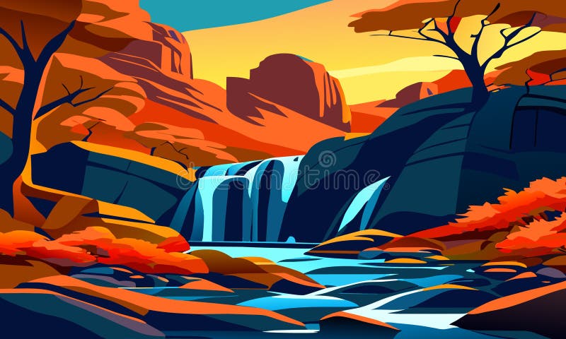 Bright Mountain Landscape with a Waterfall, Vector Illustration. Stock ...