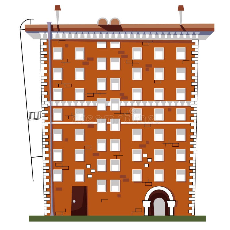 Vector Illustration of a Multi-storey Red Brick Building in Cartoon ...