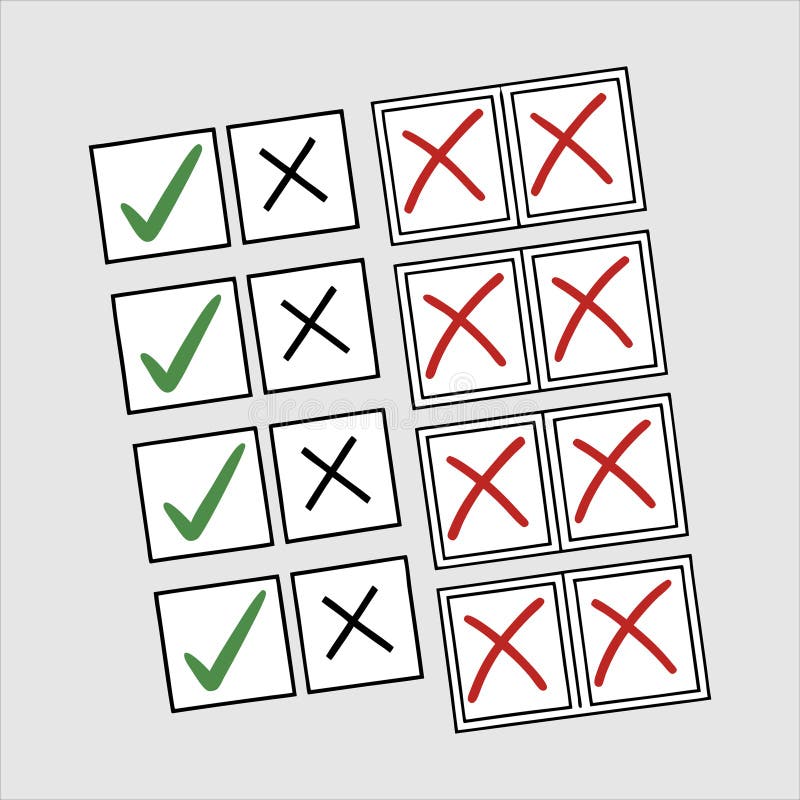 Vector Illustration of Multiple Checkboxes with Green Check Marks, Black X Marks, and Red X ...