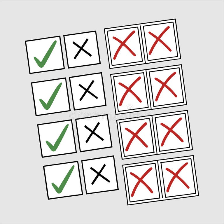 Vector Illustration of Multiple Checkboxes with Green Check Marks, Black X Marks, and Red X ...