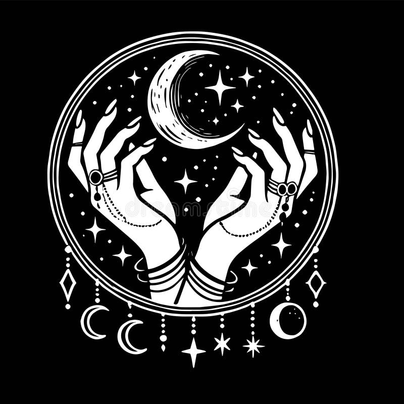 Mystical Moon and Hands with Celestial Elements - Black and White ...
