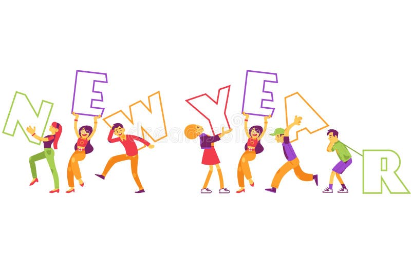 Vector Illustration of New Year Text Design with Small People Holding ...