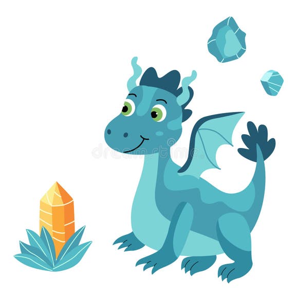Vector Illustration of a Nice Smiling Turquoise Dragon and Gem Crystal ...