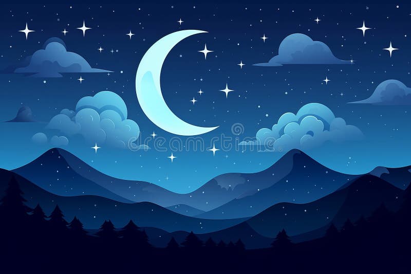 Vector Illustration of Night Landscape with Moon and Stars Stock ...