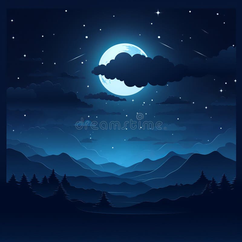 Vector Illustration of Night Landscape with Moon and Stars Stock ...