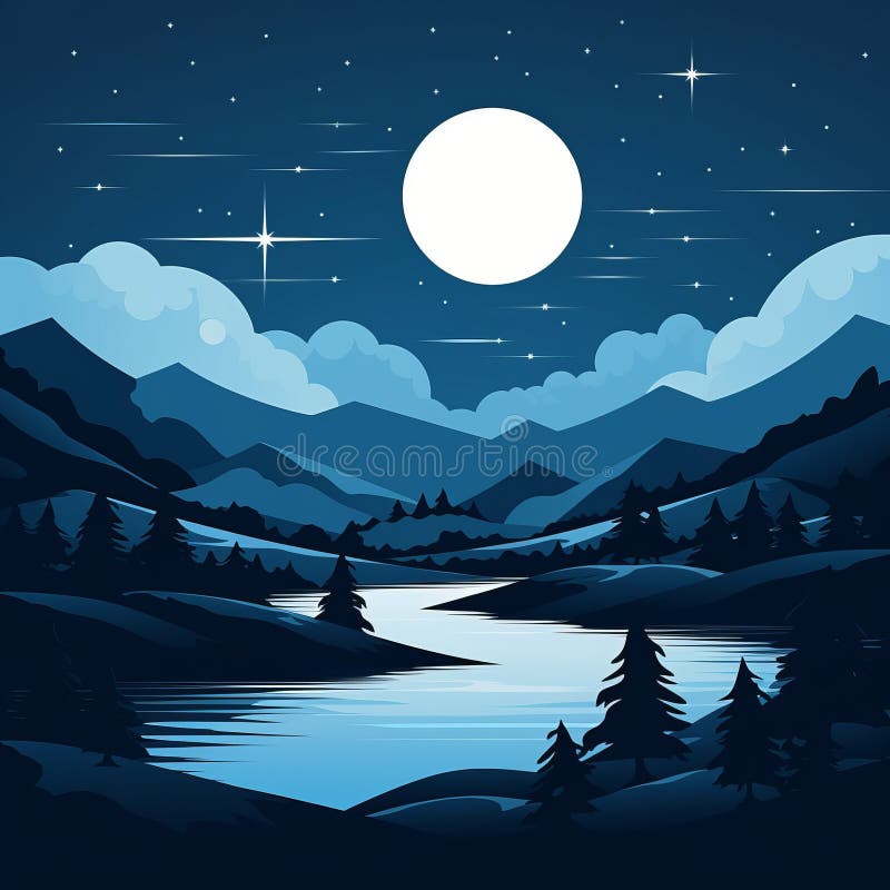 Vector Illustration of Night Landscape with Mountains River Moon and ...