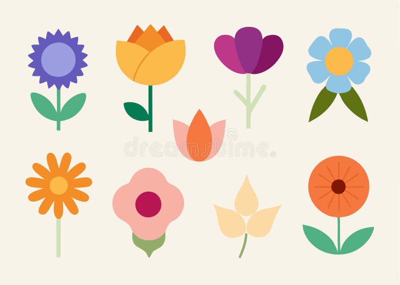 Vector Illustration of Nine Simple Flowers in Flat Style Stock Vector ...