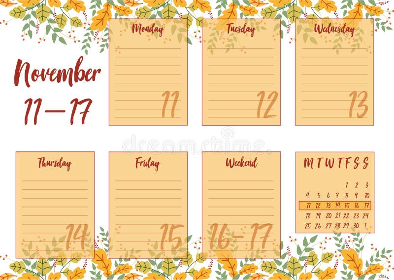 Vector Illustration of November 2019 Weekly Planner Stock Vector ...