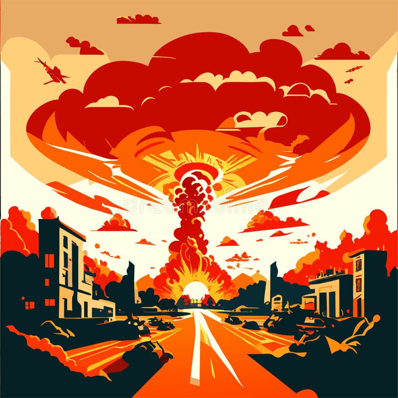 Vector Illustration of a Nuclear Explosion on the City Street. Flat ...