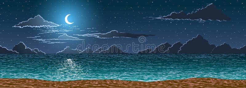 Vector Illustration of Ocean Sand Shore at Night Stock Vector ...