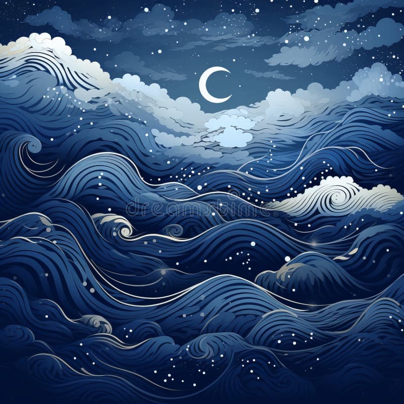 Vector Illustration of Ocean Waves and Moon at Night Stock Illustration ...
