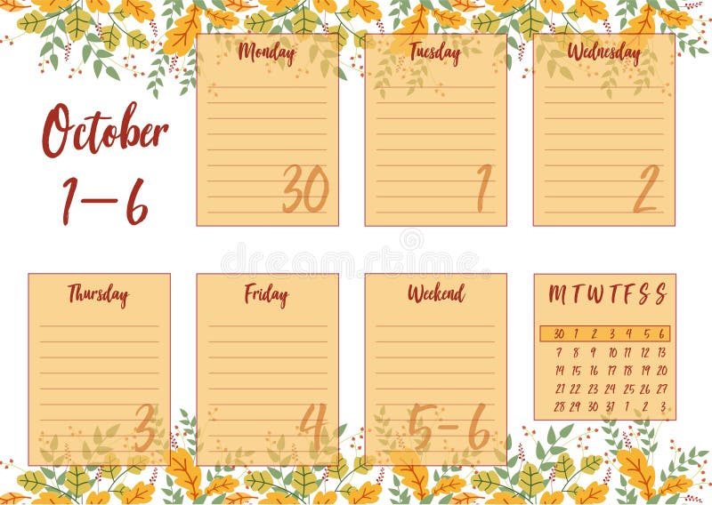Vector Illustration of October 2019 Weekly Planner Stock Vector ...
