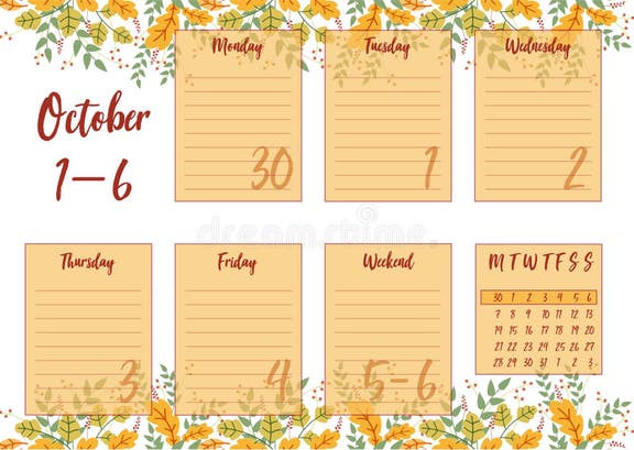 Vector Illustration of October 2019 Weekly Planner Stock Vector ...