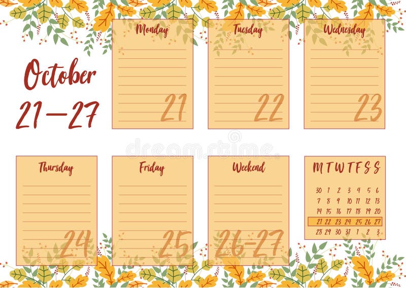 Vector Illustration of October 2019 Weekly Planner Stock Vector ...