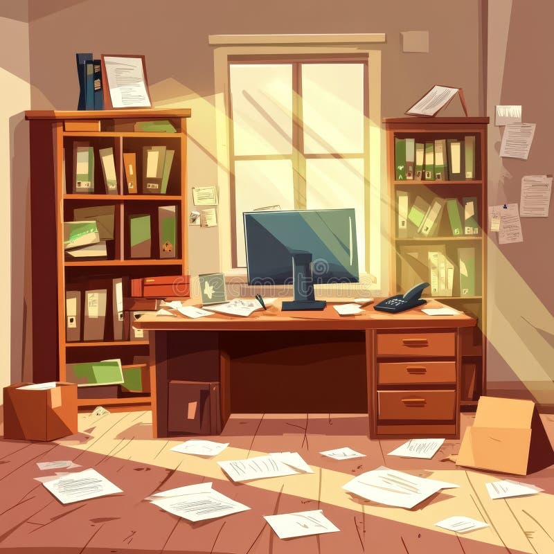 Vector Illustration of Office Interior with Bookshelf, Computer and ...