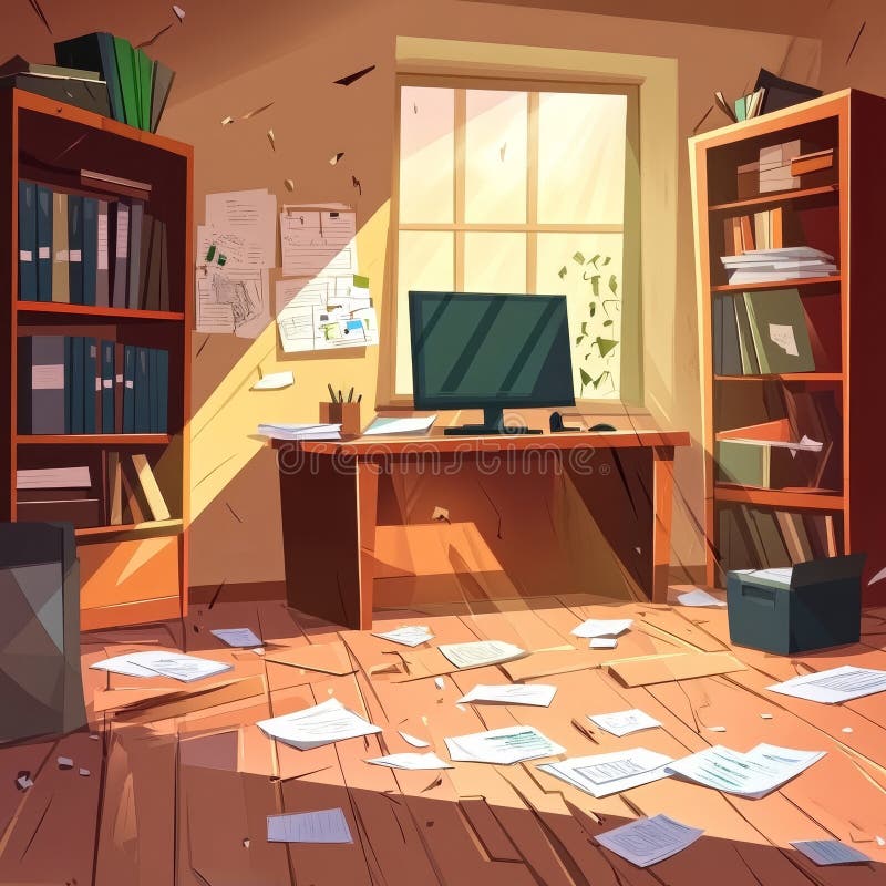 Vector Illustration of an Office Interior with a Computer, Bookshelves ...