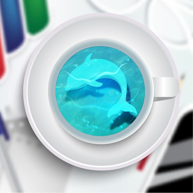 Vector Illustration with Office Objects and Cup of Sea Water with ...