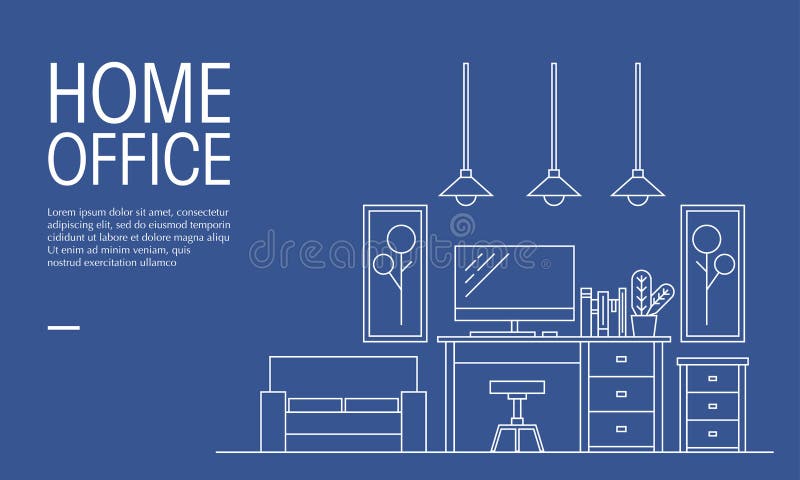 Vector Illustration of Office Workspace in Outline Style. Stock Vector ...