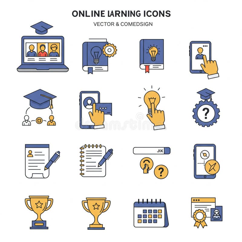 Vector Illustration of Online Learning Icons, Featuring Graphics Like a ...