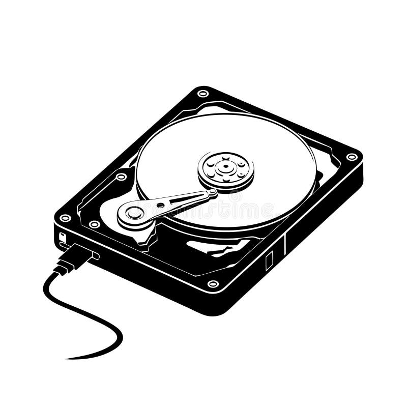 Vector Illustration of Open Hard Drive with Connected Cable for Data ...