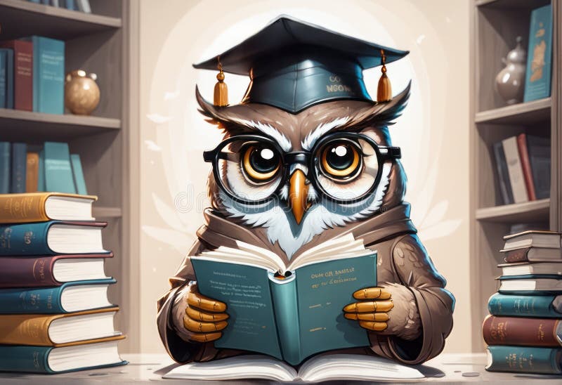 Vector Illustration of a Owl with a Owl in a Library. Vector ...