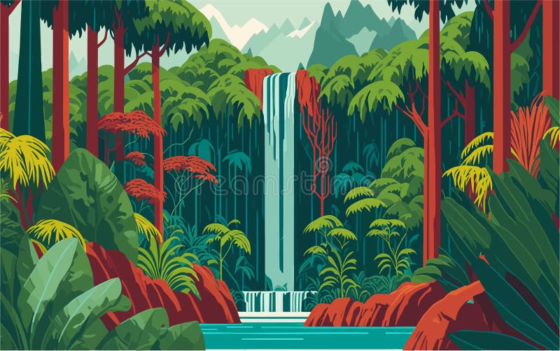 Vector Illustration a Panoramic View of a Tropical Rainforest, with ...