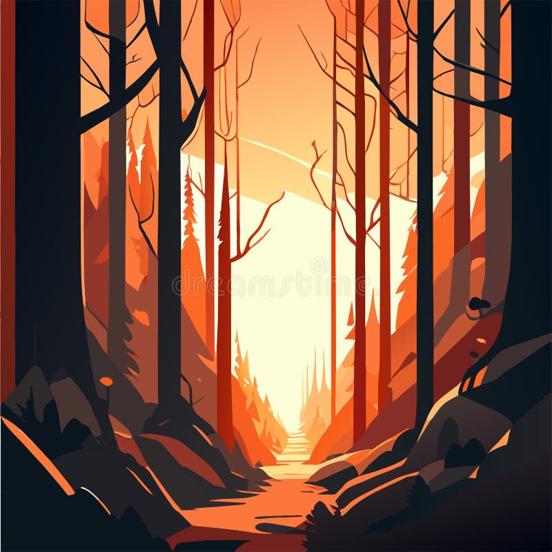 Vector Illustration of a Path in the Woods at Sunset. the Forest is ...