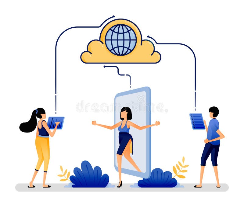 Vector Illustration of People Access the Internet with the Cloud To ...