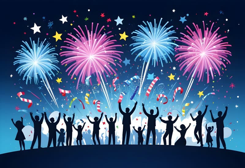 A Vector Illustration of People with Fireworks and Confetti ...