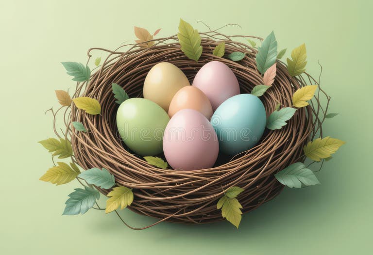 Clean Vector Nest with Smooth Gradient Eggs and Stylized Leaves. Stock ...