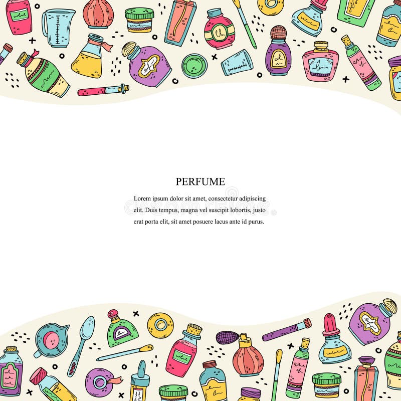 Vector Illustration with Perfume Bottles, Beakers and Essential Oils ...