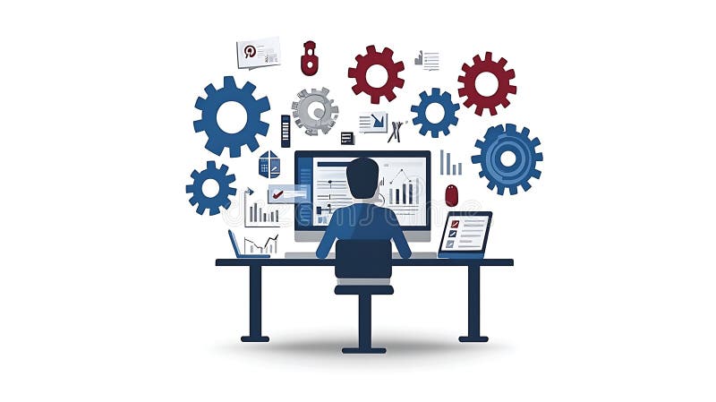 A Vector Illustration of a Person Working at a Standing Desk, Using a ...