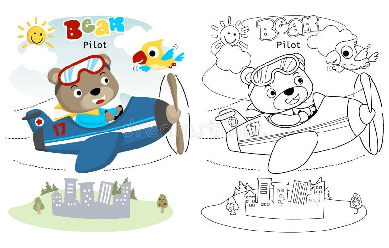 Vector Illustration of Pilot Bear on Airplane with Little Bird ...