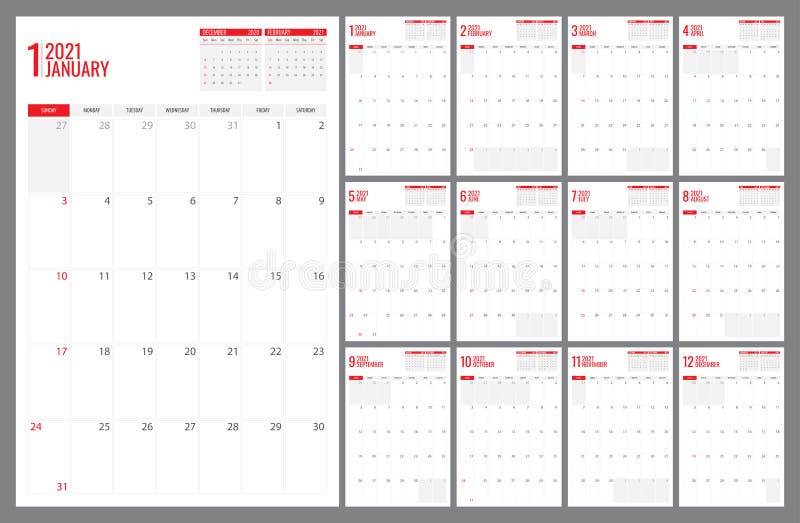 Vector 2021 Calendar Planner Template for Office and Print, Sunday Week ...