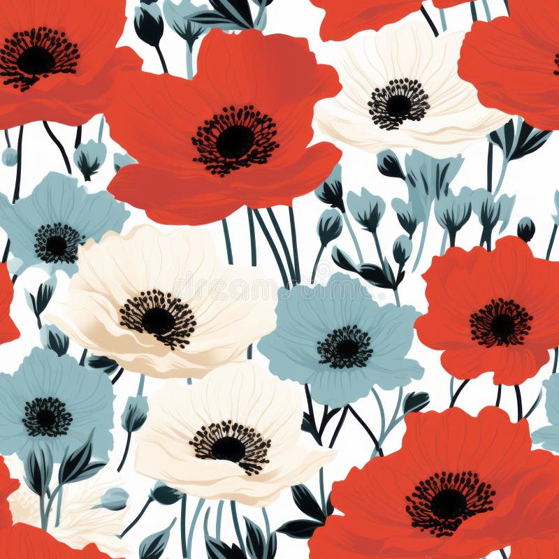 Vibrant Poppy Pattern on White and Blue Background Stock Illustration ...