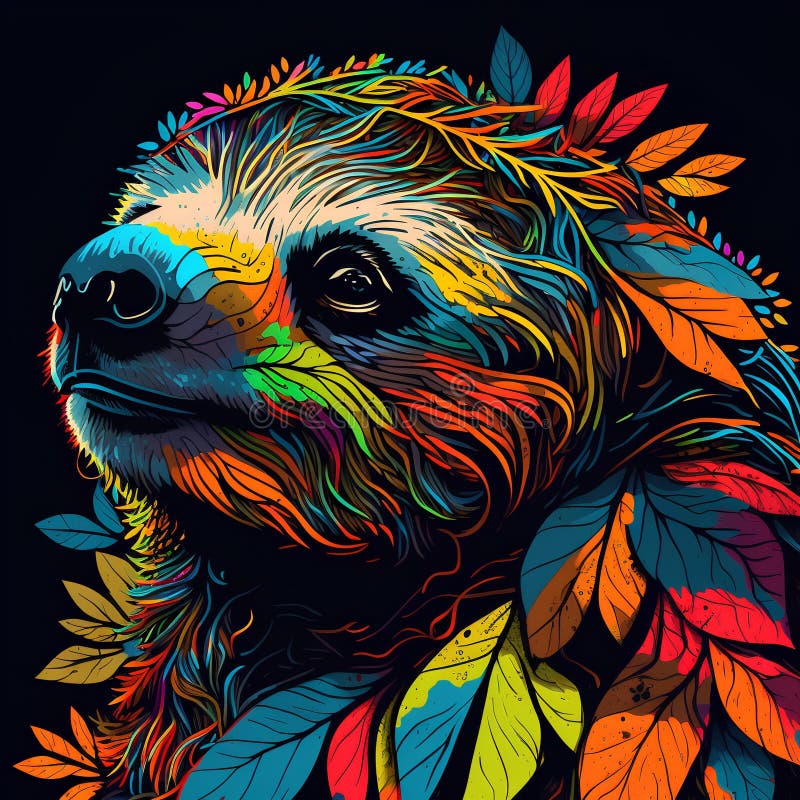Vector Illustration of a Portrait of a Sloth with Colorful Feathers ...