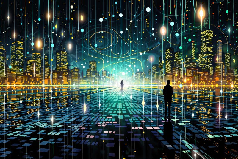 Businessman Standing in Front of the Digital City. Vector Illustration ...