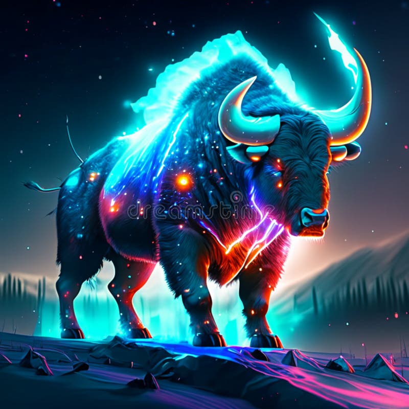 Vector Illustration of Powerful Bison in the Night Sky with Stars ...