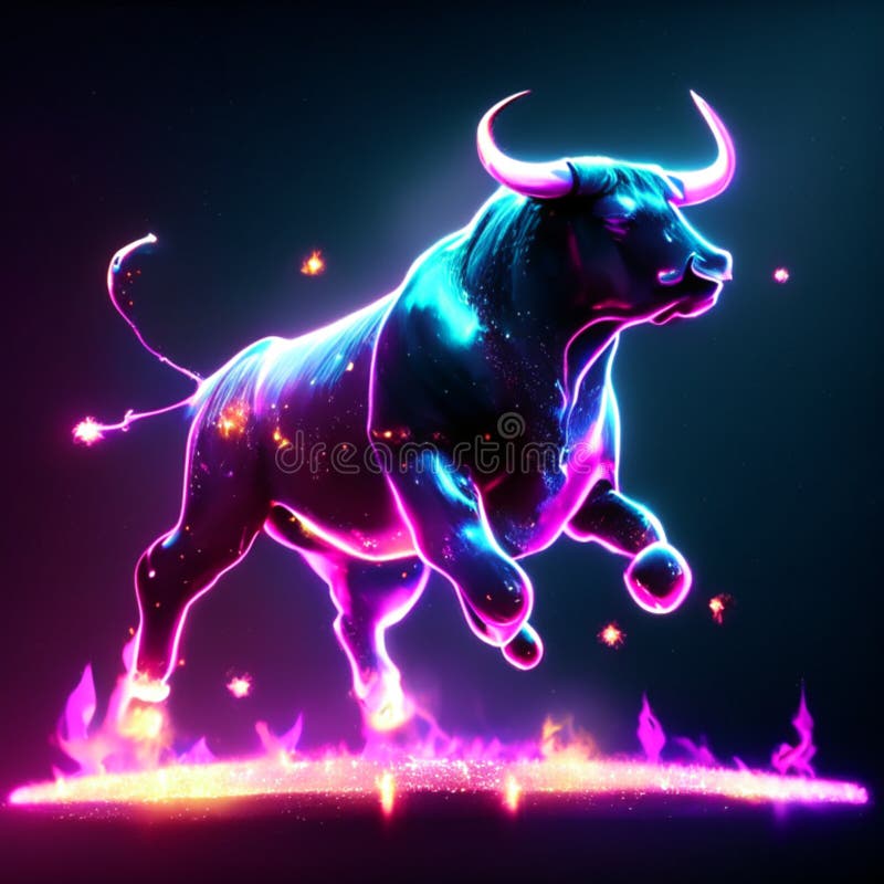 Illustration of a Powerful Bull on a Dark Background with Neon Lights ...